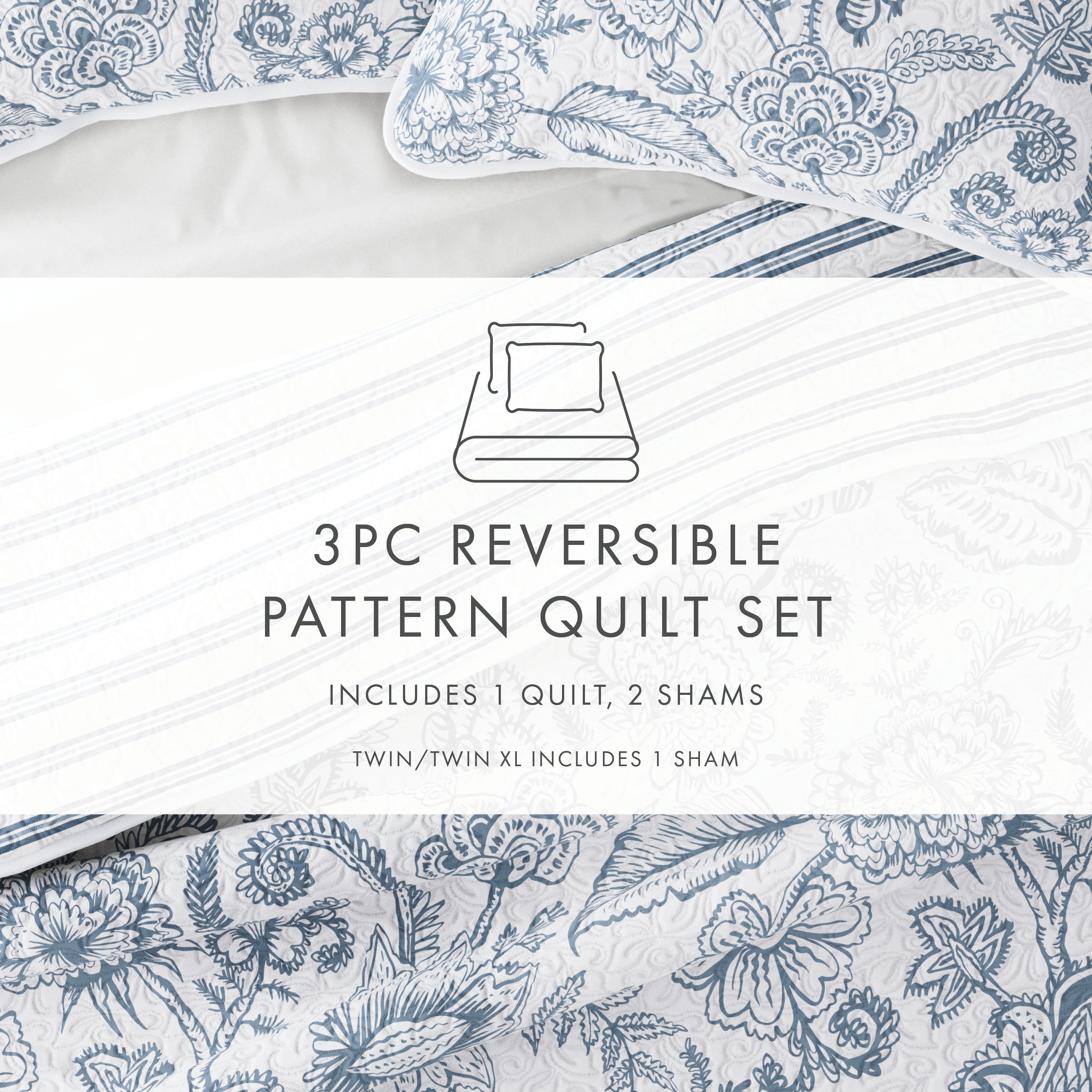 Buy Jacobean/Stripe Reversible Quilted Coverlet Set | LINENS & HUTCH